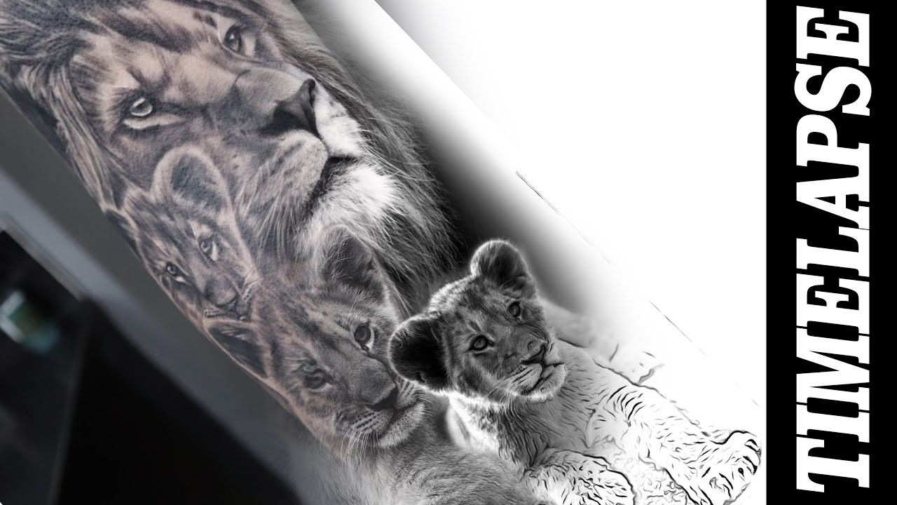 Lion & 3 Cubs! - TATTOO TIMELAPSE