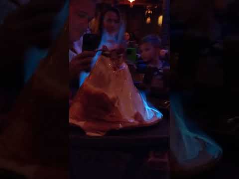 Volcano Fire at MAI KAI Restaurant at Dinner Table, Food Show Blazing Tiki Bar Fire Dining
