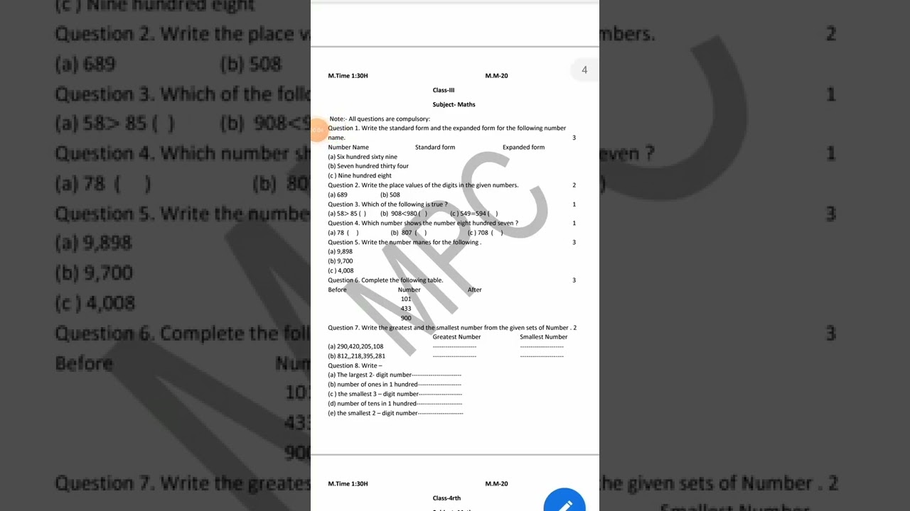Maths Sample paper for class 3