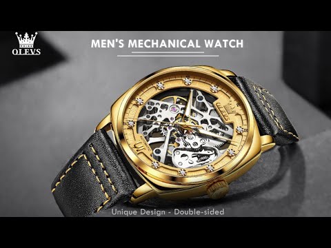 Mens Luxury Automatic Mechanical Watch OLEVS Skeleton Square Design Watches for Mens Luxury Automati