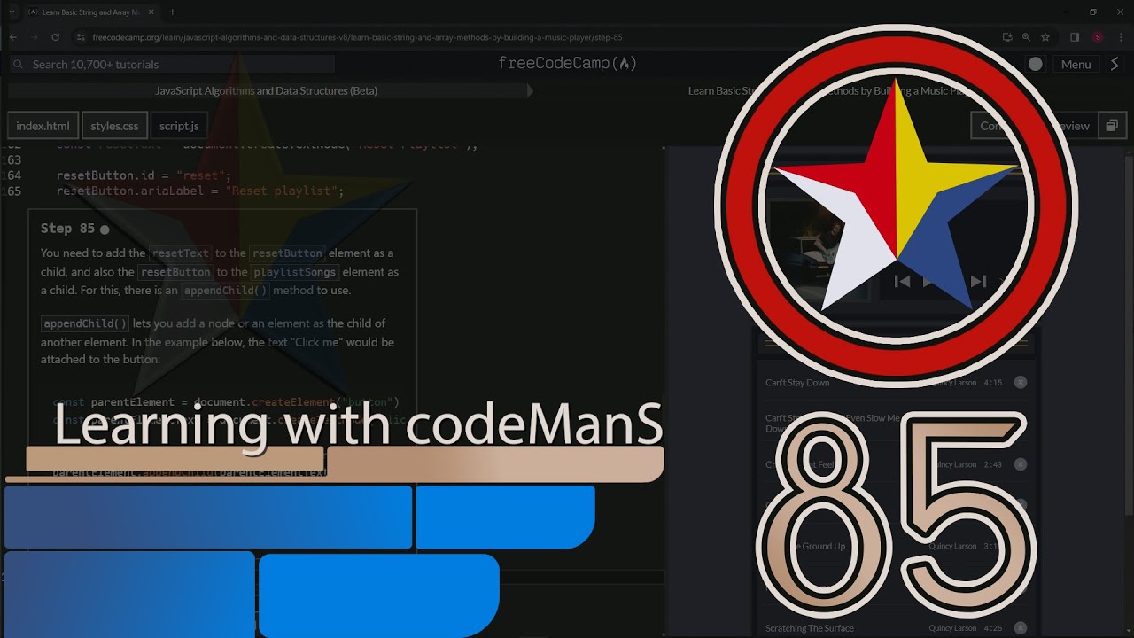 Learn Basic String and Array Methods by Building a Music Player - Step 85 | freeCodeCamp | (Beta)