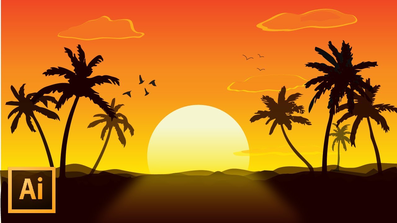 Sunset scenery vector Illustration I Adobe Illustrator I Tutorial