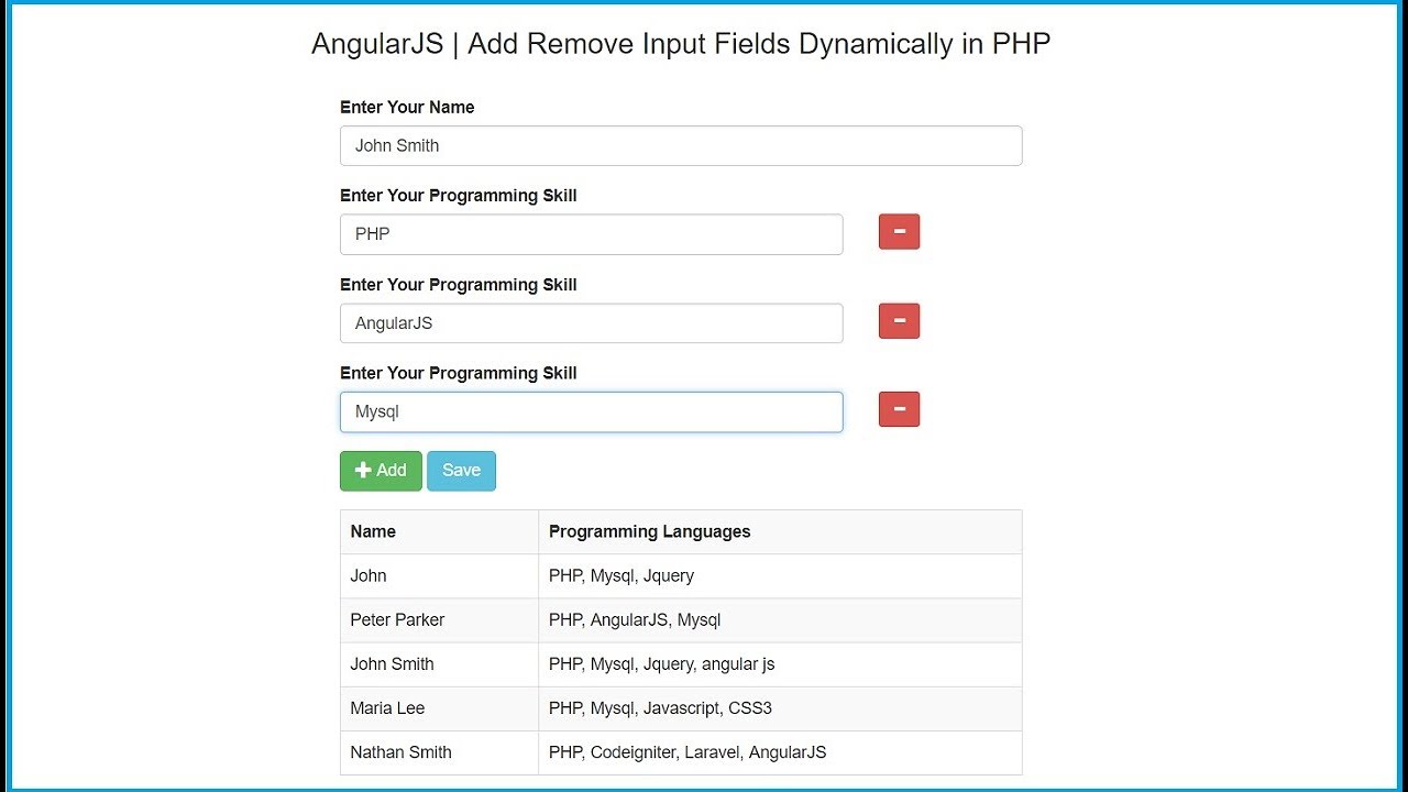 AngularJS | Add Remove Input Fields Dynamically in PHP