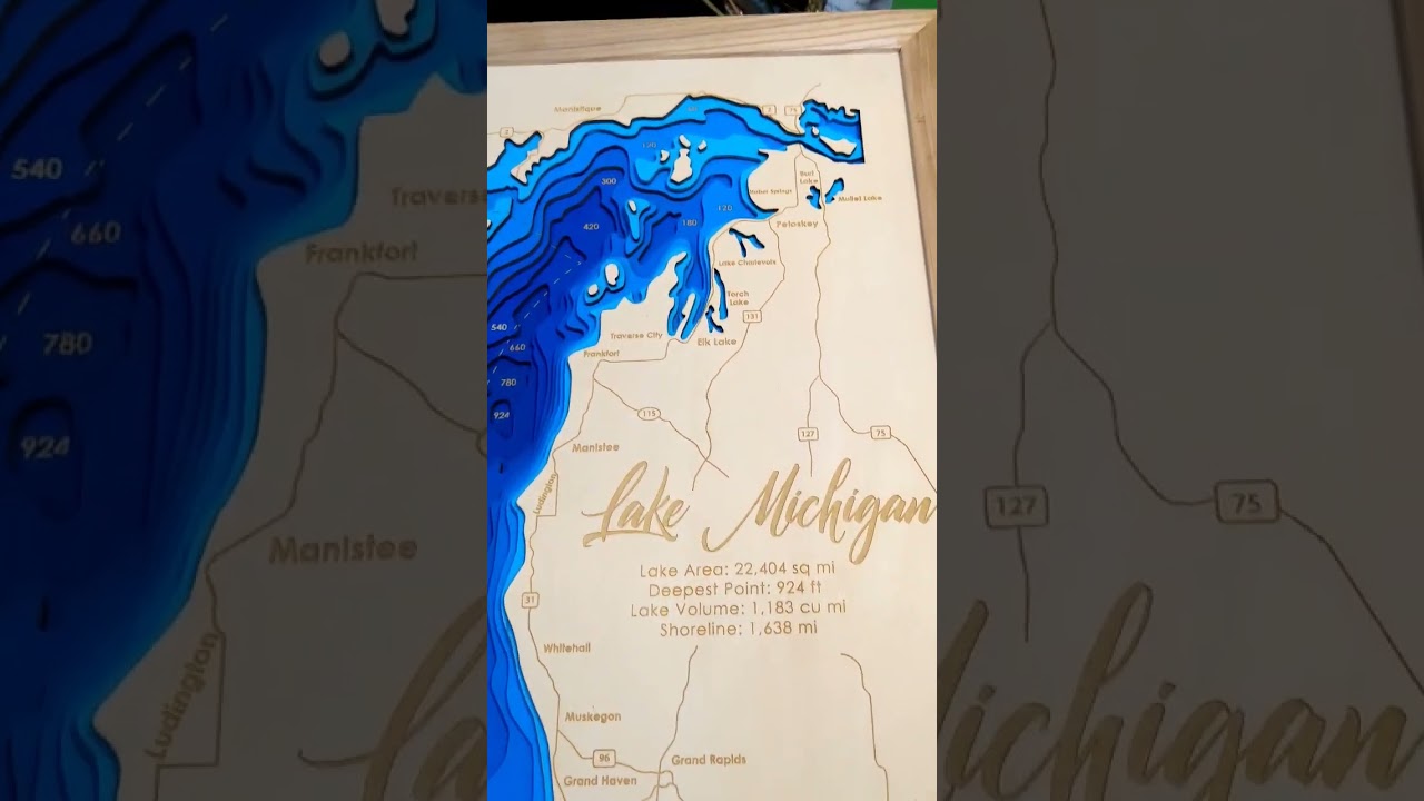 lake Michigan blue 3d map wood