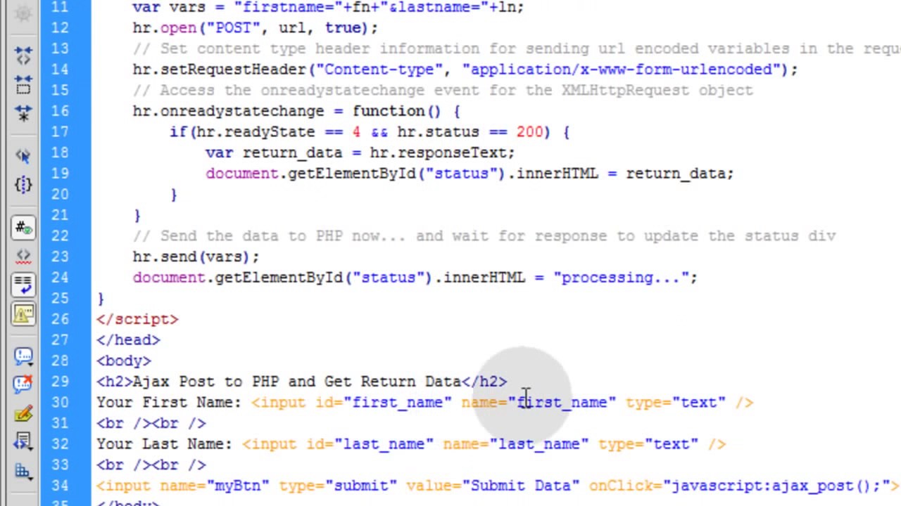 Ajax tutorial post to php file XMLHttpRequest Object Return Data JavaScript