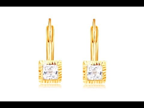 Jewelry - 14K gold earrings - square mount with indents, clear cut zircon, 3 mm