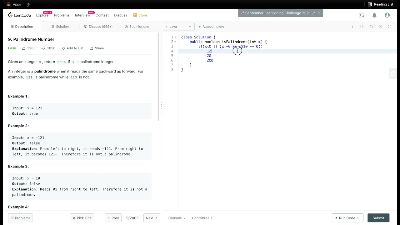 LeetCode #9 Palindrome Number - Coding Interview Problem with Java Solution