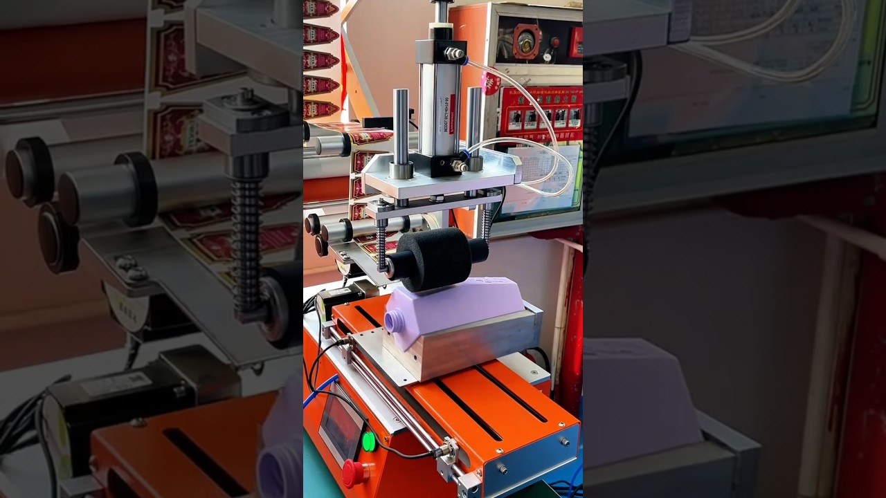 the machine is labeling the soap refill bottles