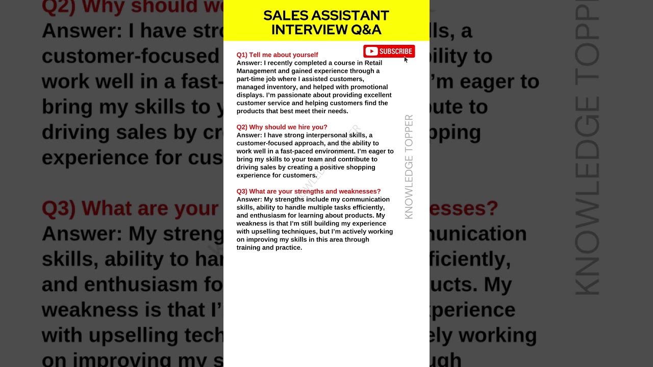 Sales Assistant Interview Questions and Answers | Sales Assistant Job Interview Questions and Answer