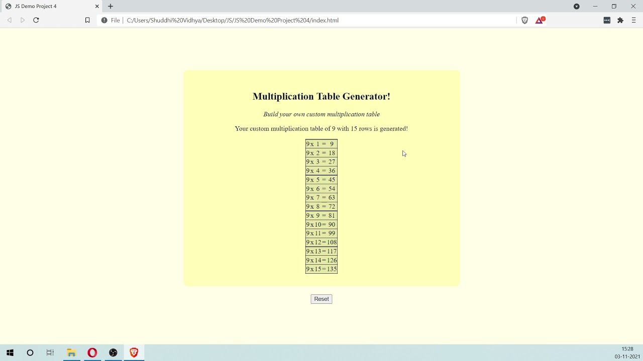 Multiplication Table Generator using JavaScript | JS Demo Project 4 Prompt | Learn HTML, CSS, JS