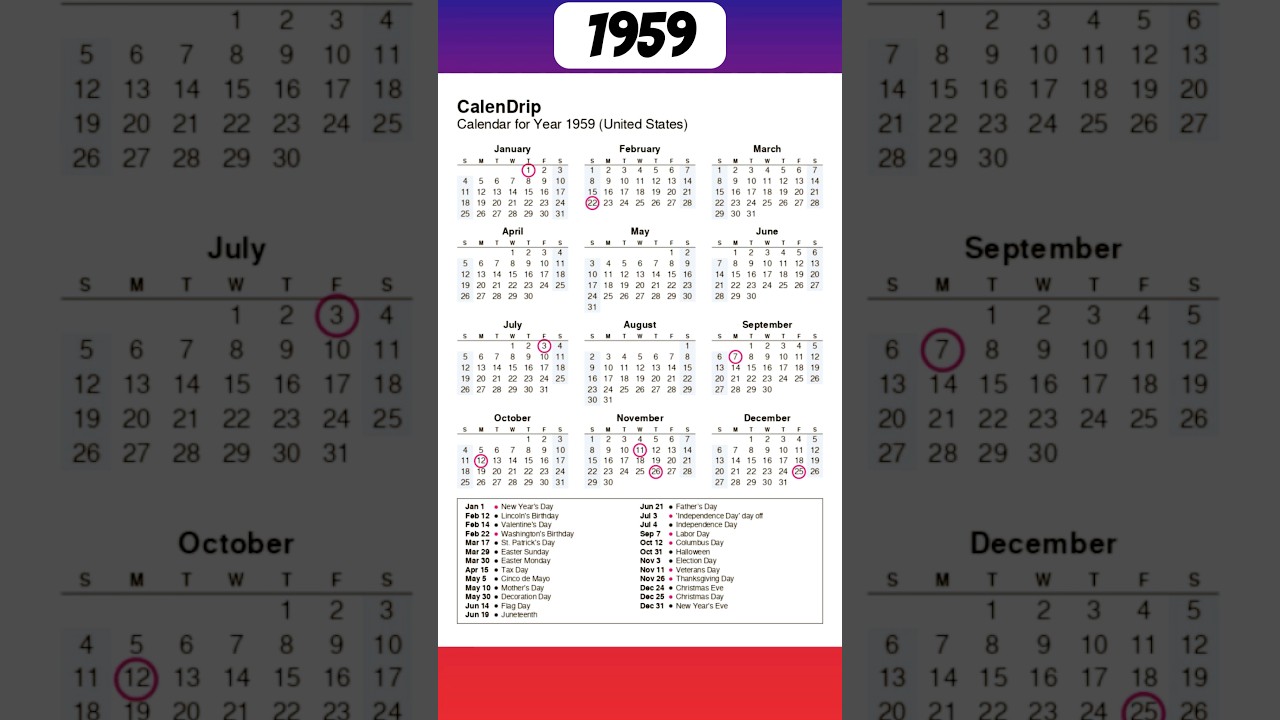 Calendar 1959 #monthsoftheyear