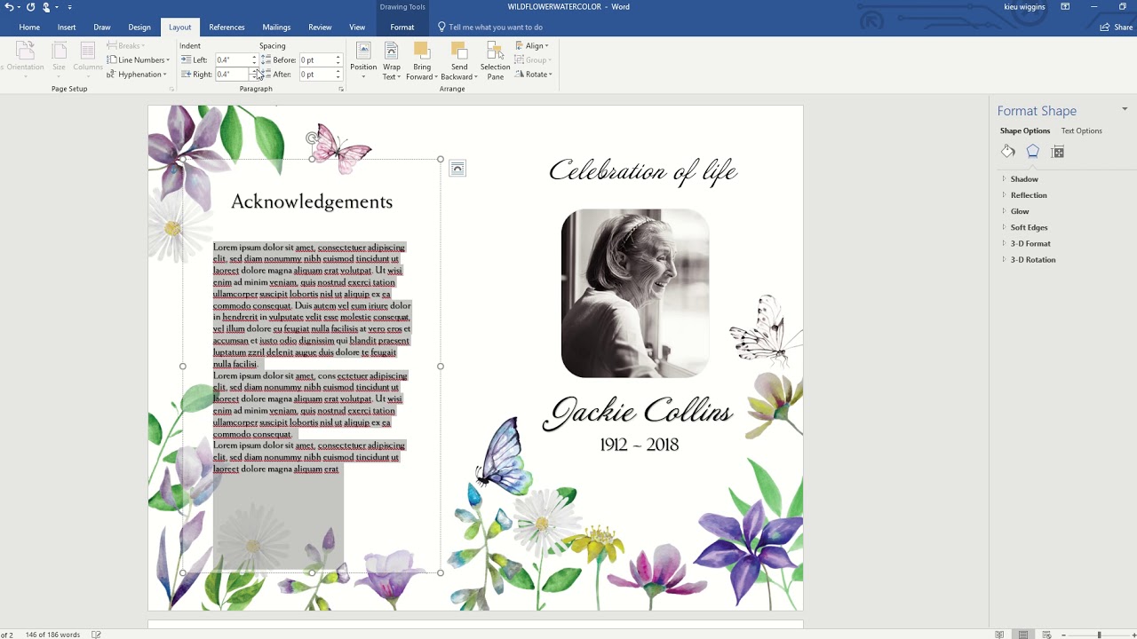 Tutorial for Funeral/Memorial Template using Word 2016 Windows