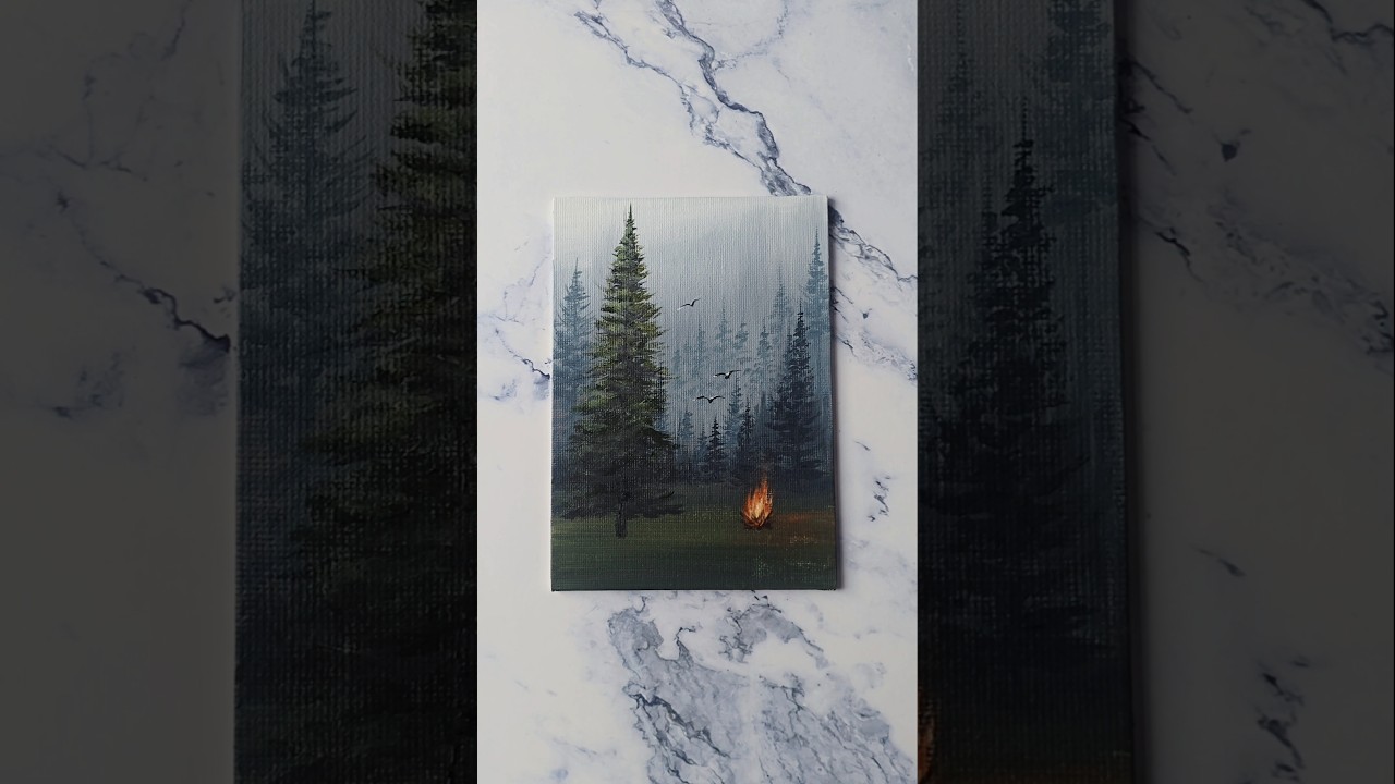 🌲🤍 forest campfire landscape painting / acrylic painting idea for beginners ✨️