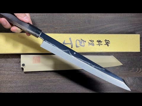 Yoshihiro White No.2 Honyaki Mt.Fuji-Art Water-Quenched Kiritsuke-Yanagiba 300mm with Ebony Handle