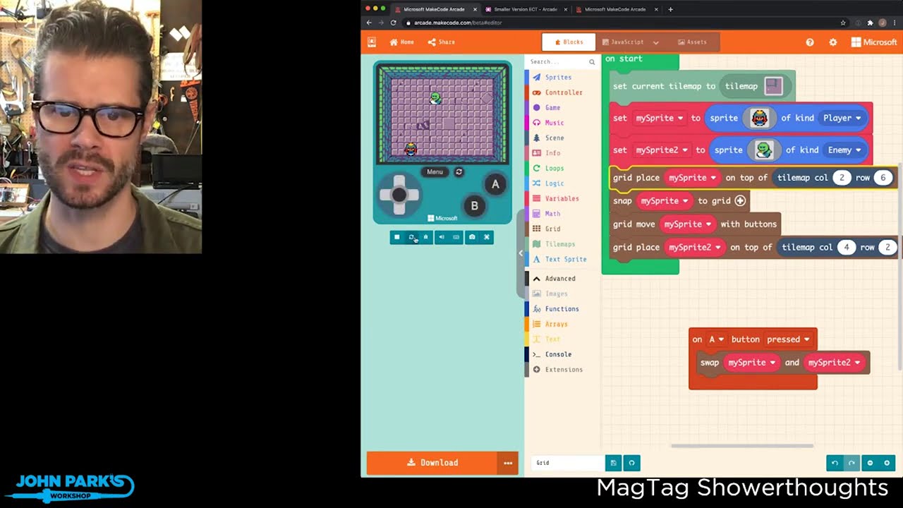 MakeCode Minute: Arcade Grid @adafruit @johnedgarpark #adafruit @MSMakeCode #makecode