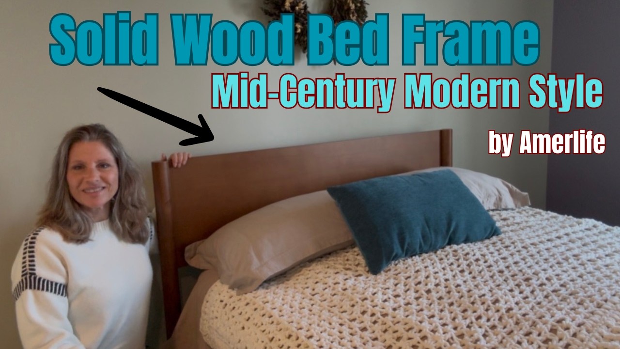 Solid Wood Bed Frame with Mid Century Modern Style. Amerlife Review. Shown in Walnut Finish.