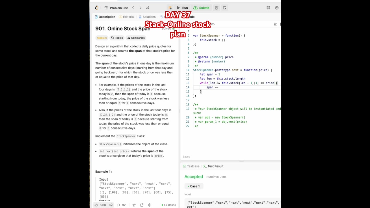Day 37, stack, online stock plan #coding #dsa #javascript #python #datastructures #dsa #stack