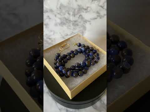 Dark blue sapphire in AAA grade quartz pyrite carabiner necklace 8mm round beads: BlueSagittarius 🔗