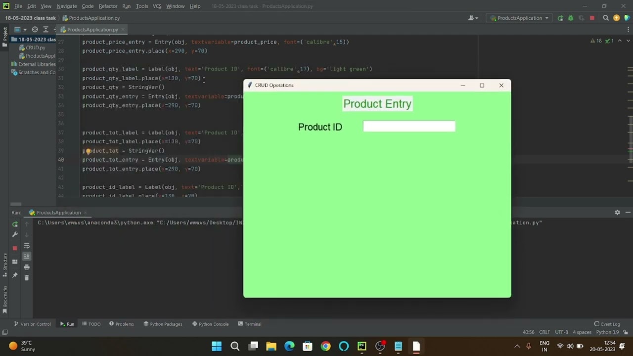 How to create Product entry windows application and CRUD operation using tkinter python