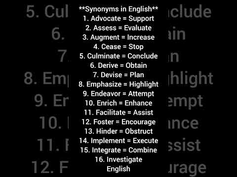 **Synonyms in English**1. Advocate = Support2. Assess = Evaluate3. Augment = Increase4. Cease = Stop