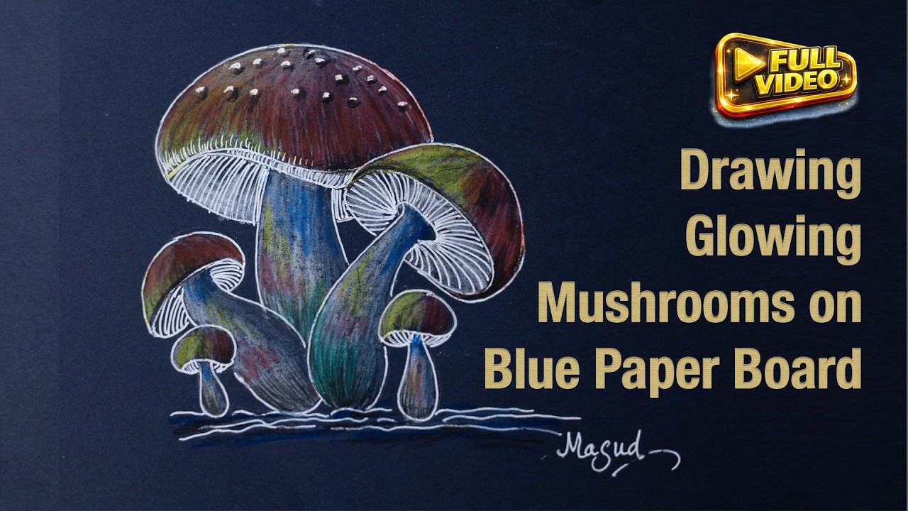 Drawing Glowing Mushrooms on Blue Paper Board | Step-by-Step Art | Full Video