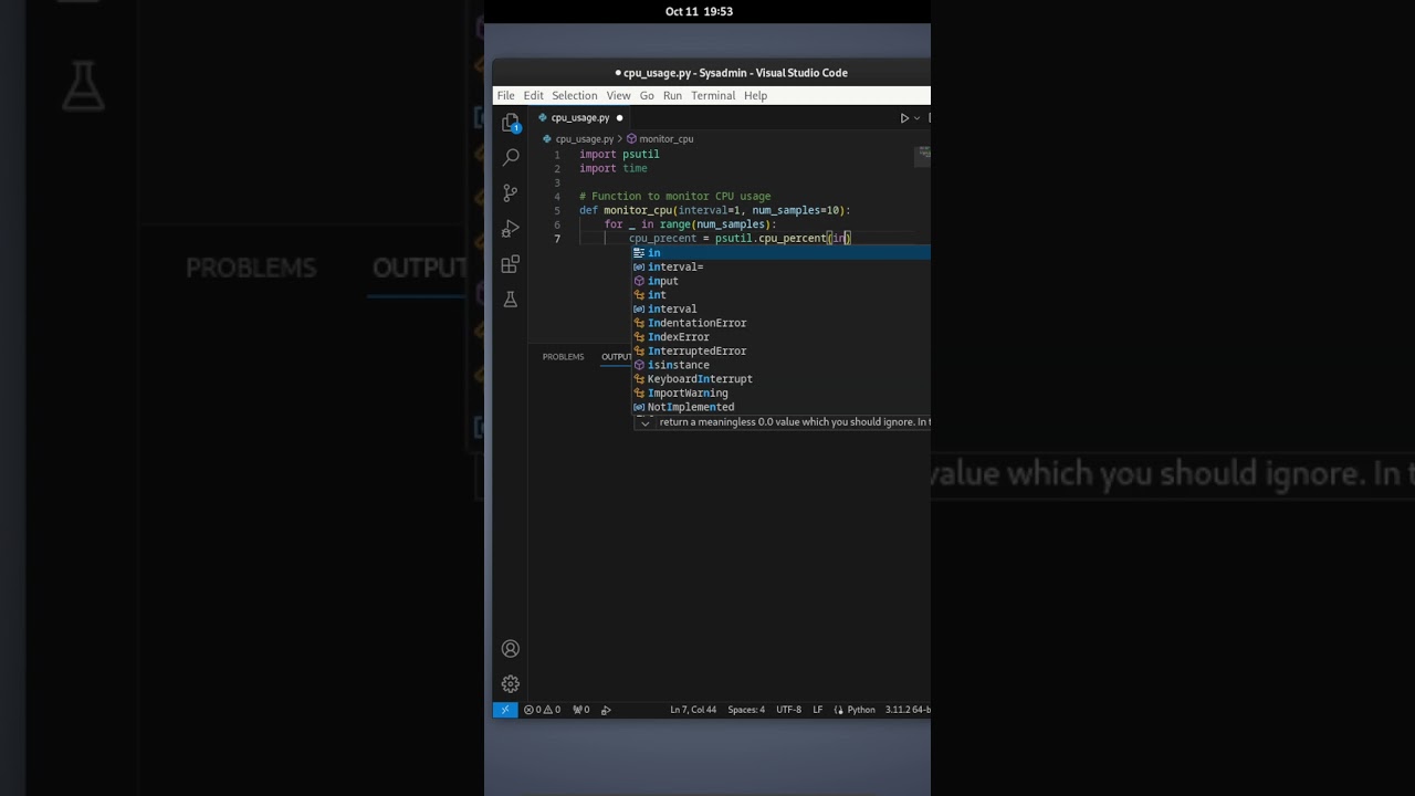 Python script for monitoring cpu usage  #coding #scripting #python #sysadmin #beginner #tutorial