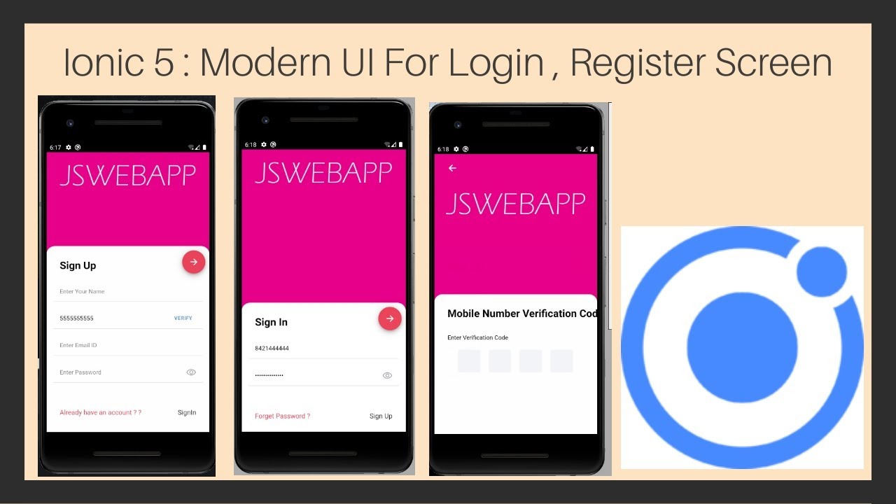 Ionic 5 : Modern UI For Login  Sign In Form )  & Sign Up Screen (Register Form ) With OTP Verify