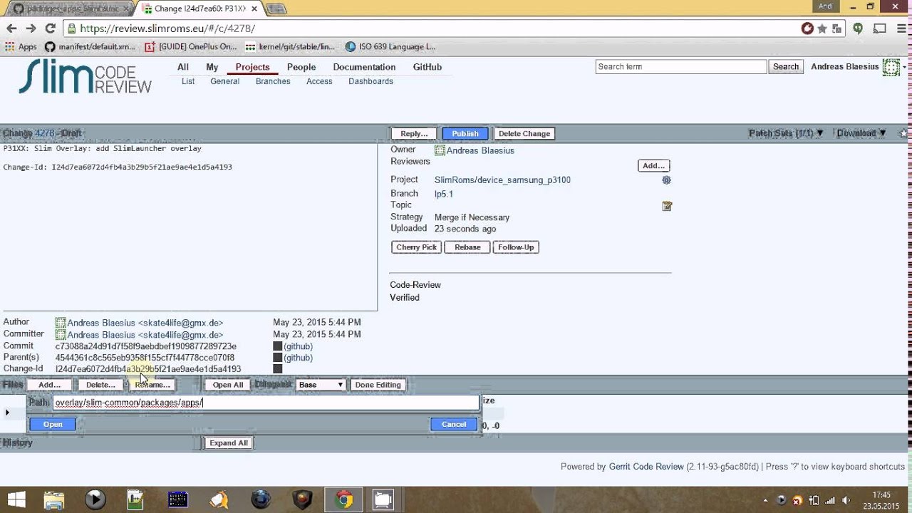 SlimRoms Gerrit Codereview: create a commit using the webinterface