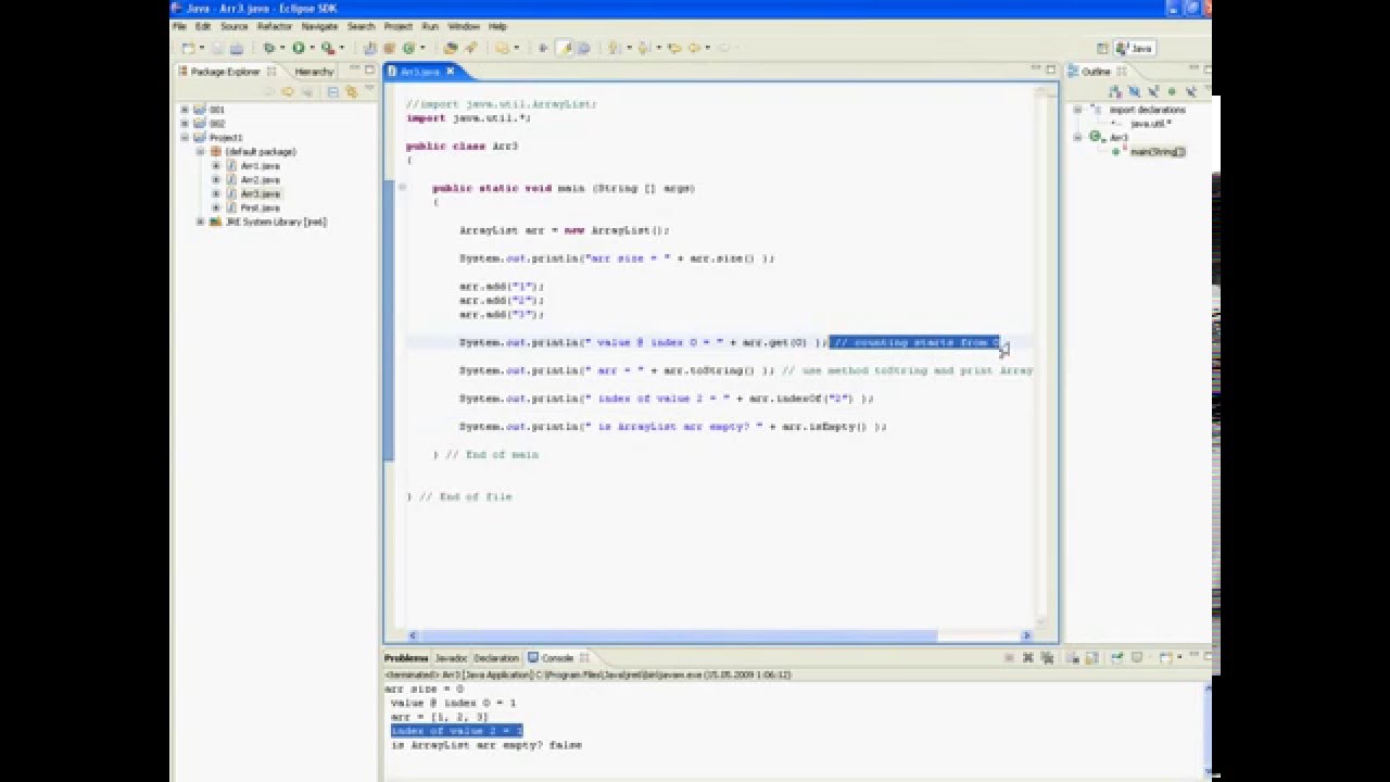 Java tutorial in Eclipse (ArrayList)