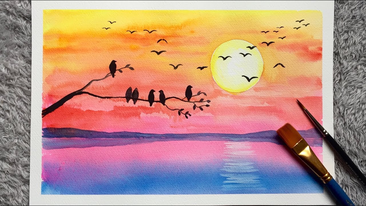 Easy Birds Watercolor Painting Sunset Landscape For Beginners
