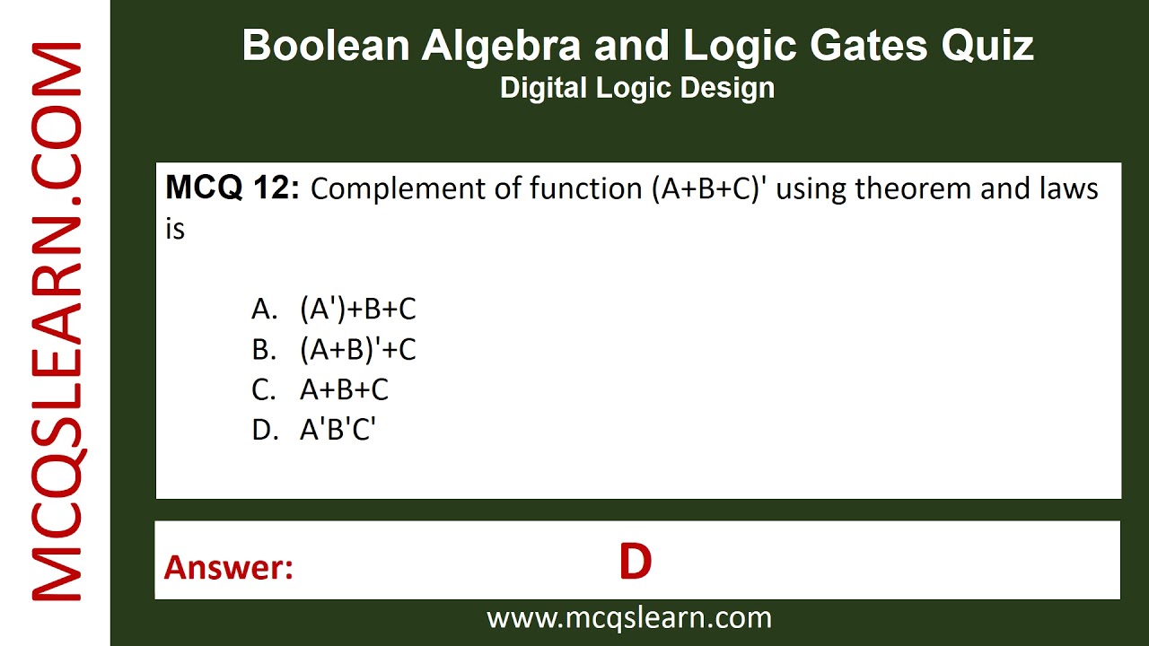 Boolean Algebra Quiz Questions Answers | Boolean Algebra Notes | Class 12–9 Ch 4 PDF Quiz | DLD App