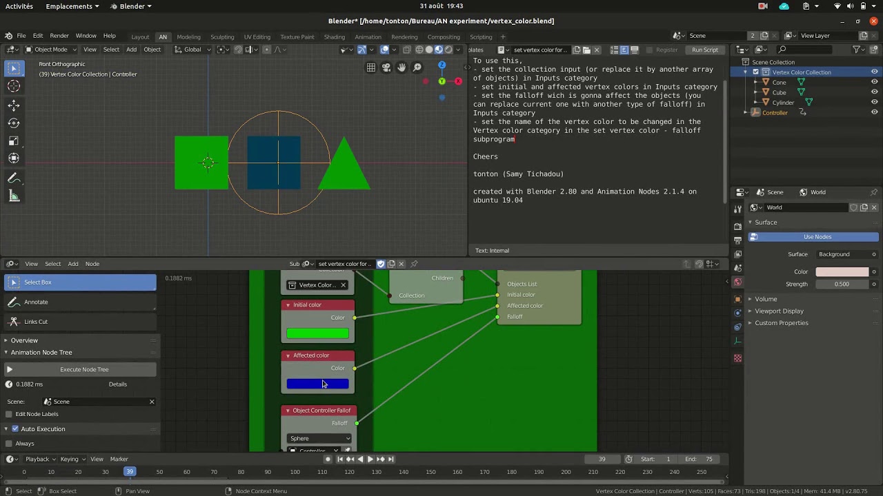 Animation Nodes example - set vertex color for objects