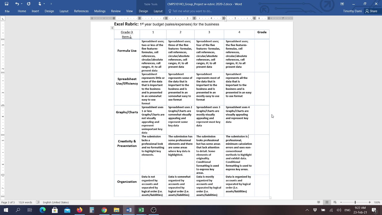 1014 Final Project Excel Rubric