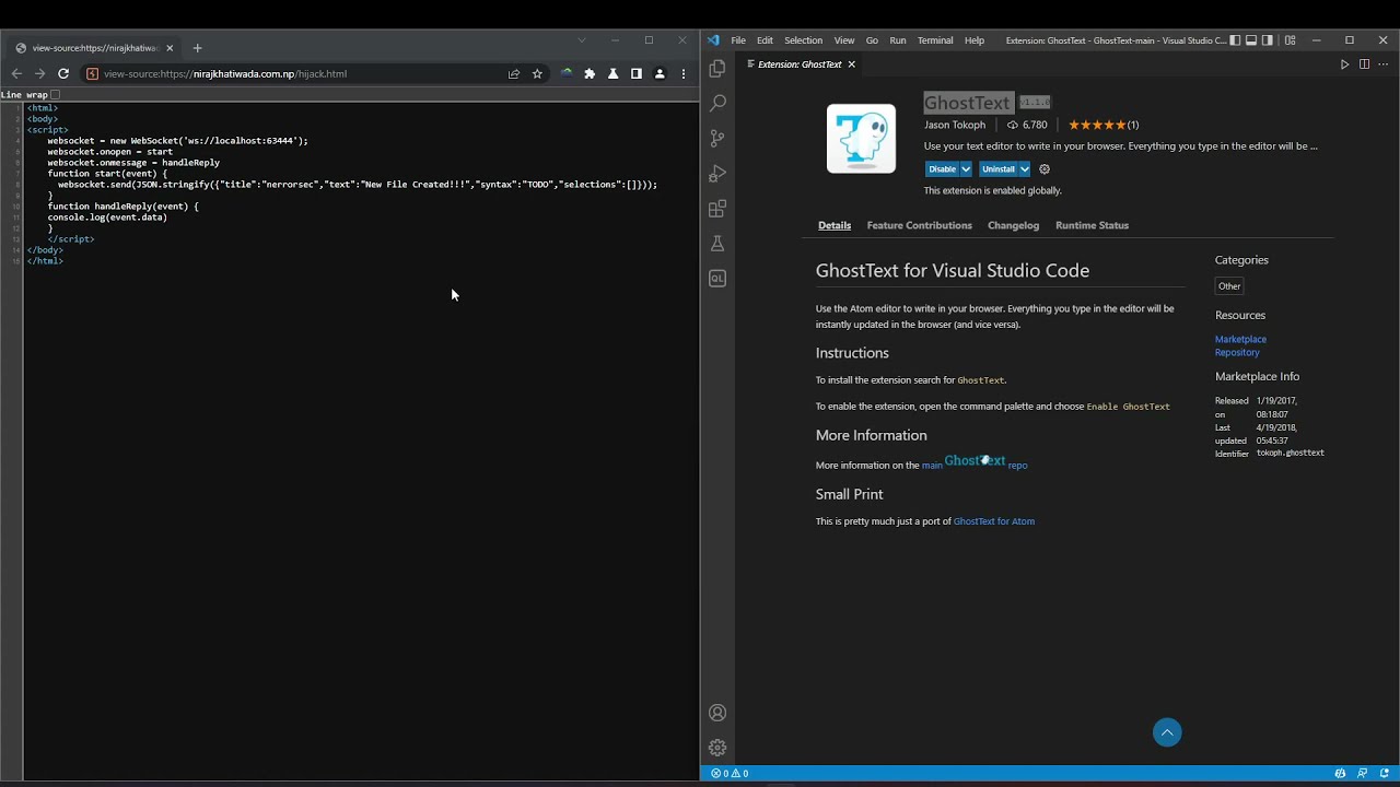Web Socket Hijacking - GhostText VScode Extension