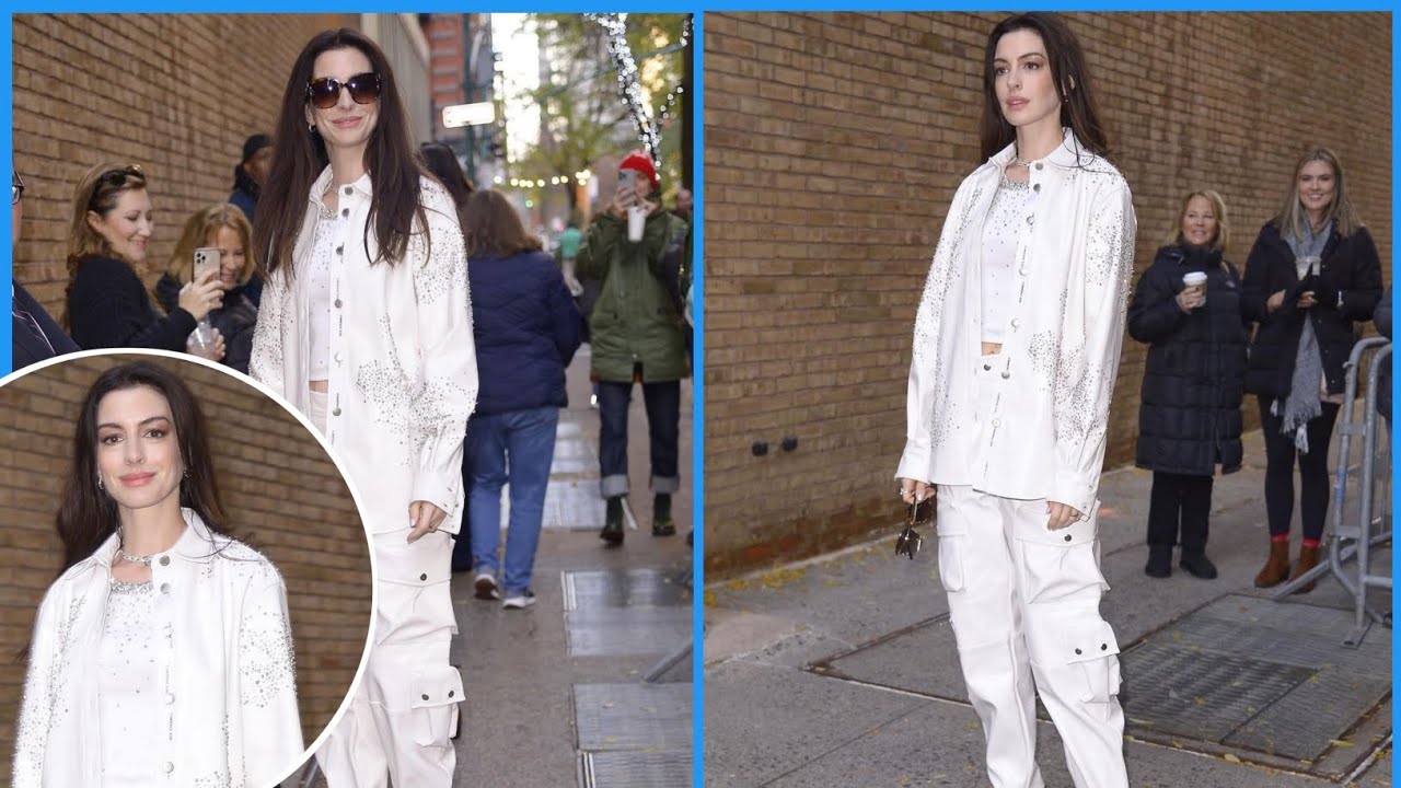 Anne Hathaway just wore white cargos, heels and a rhinestone crop top || 2023