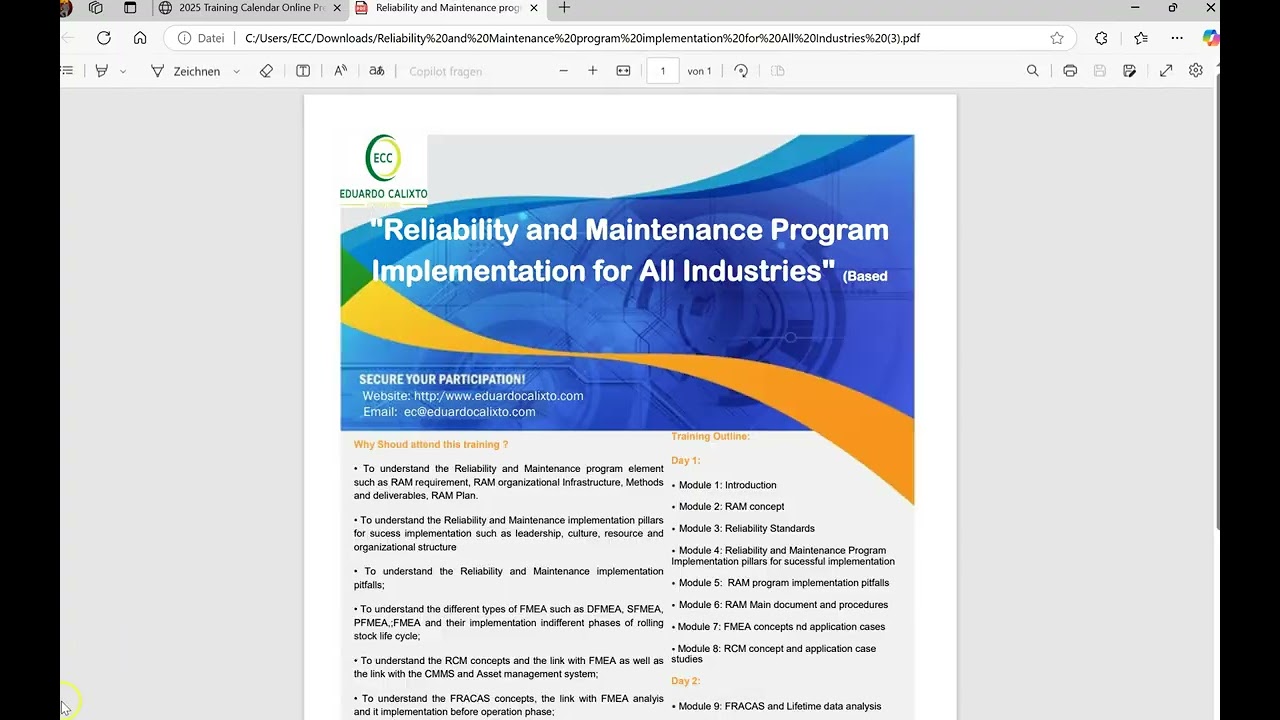 ECC Training Calendar 2025: Reliability and Maintenance program Implementation.