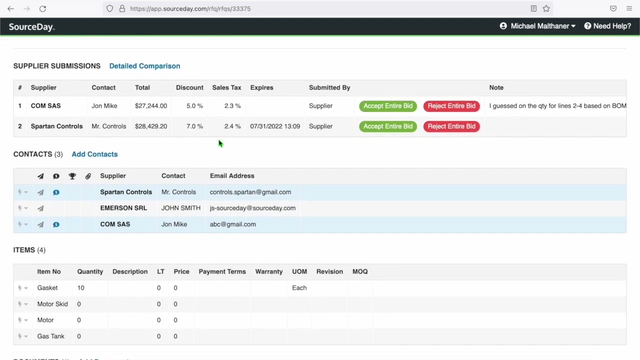 SourceDay's RFQ Collaboration Demo