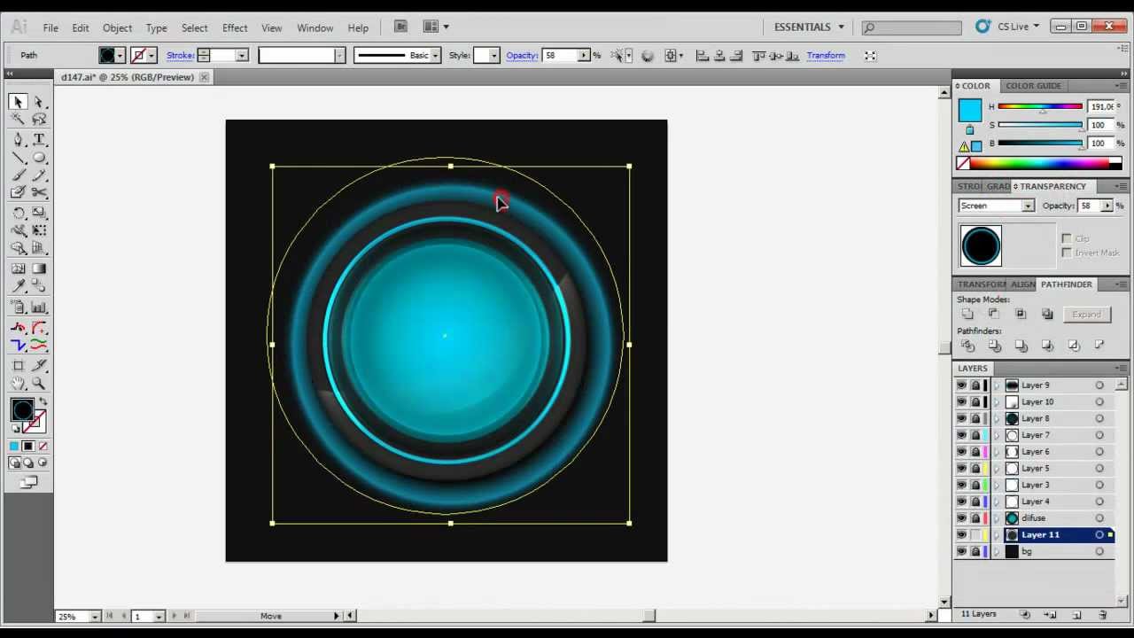 How to create round glossy vector button, AI silent screen-cast time-lapse tutorial