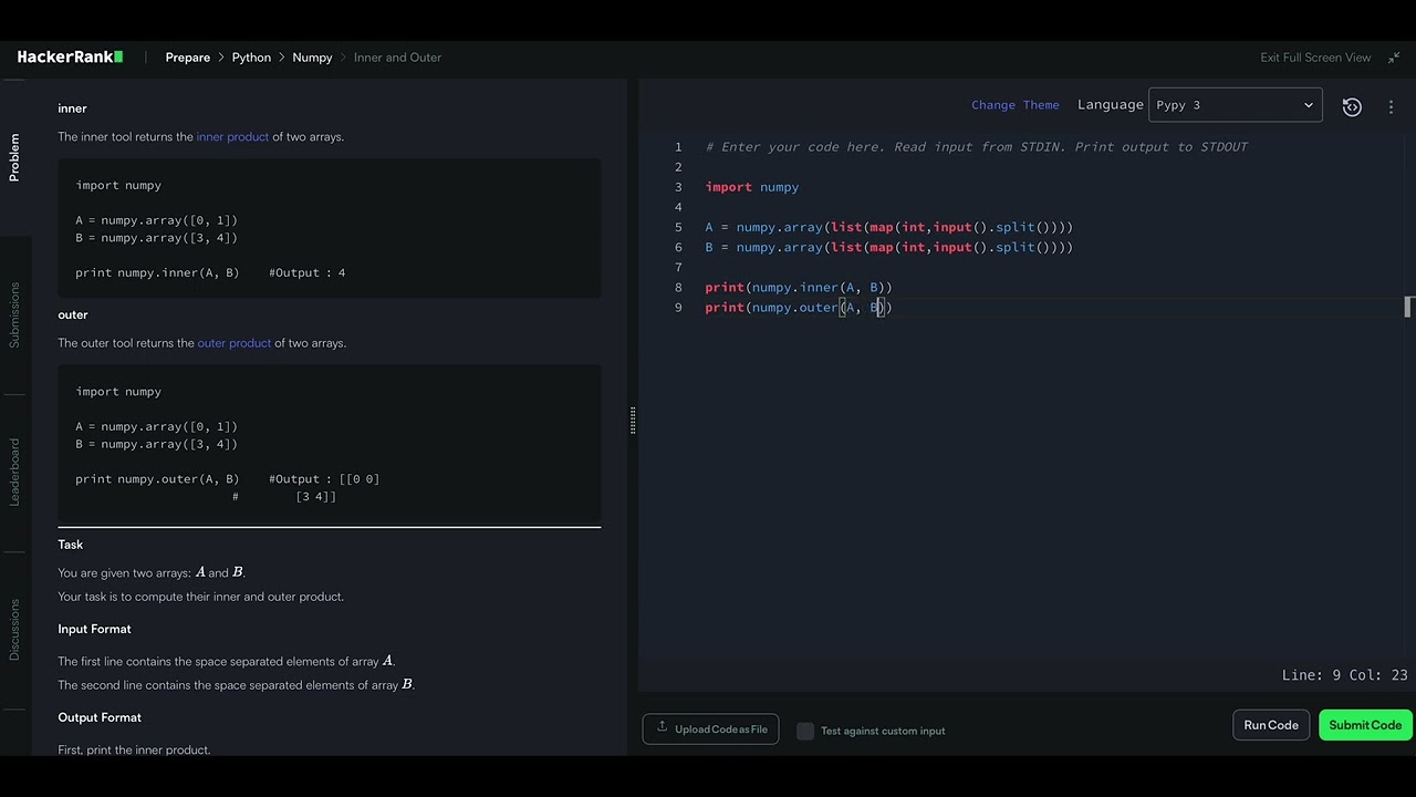 Hackerrank Python Solution  #13 Numpy - Inner and Outer