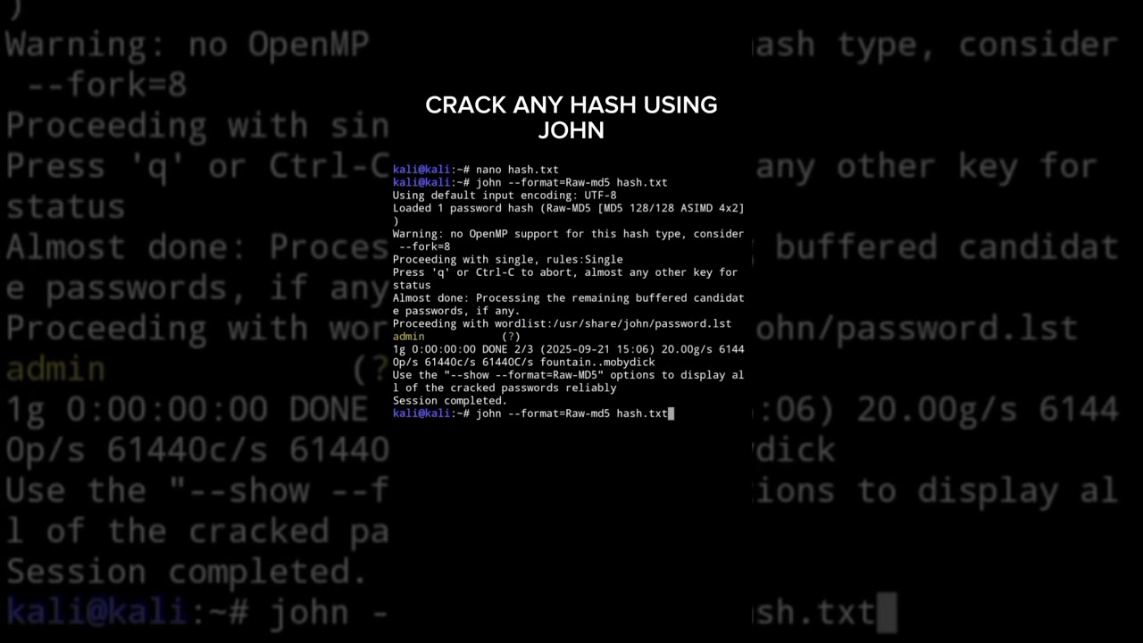 Check any hash using John 🧑‍💻#kalilinuxtools #kalilinux