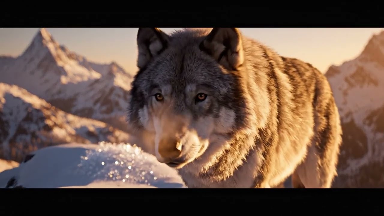 lone wolf stands above the world where snow meets light, silence becomes power .