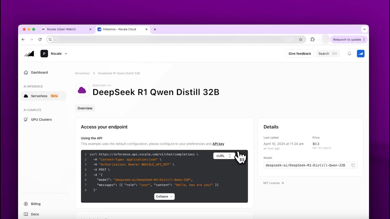 Text summarisation demo: DeepSeek R1 Distil Qwen 32B with Nscale Serverless Inference
