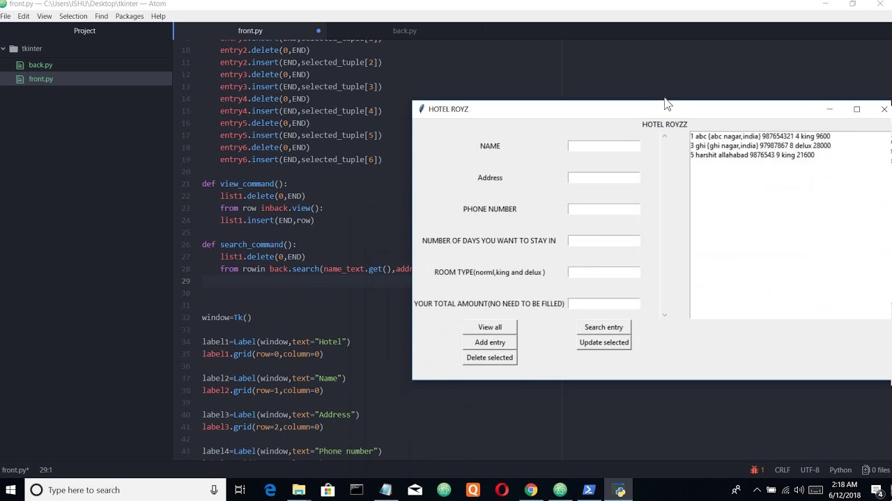 python tkinter video tutorial video 6:Tkinter Gui and sqlit3