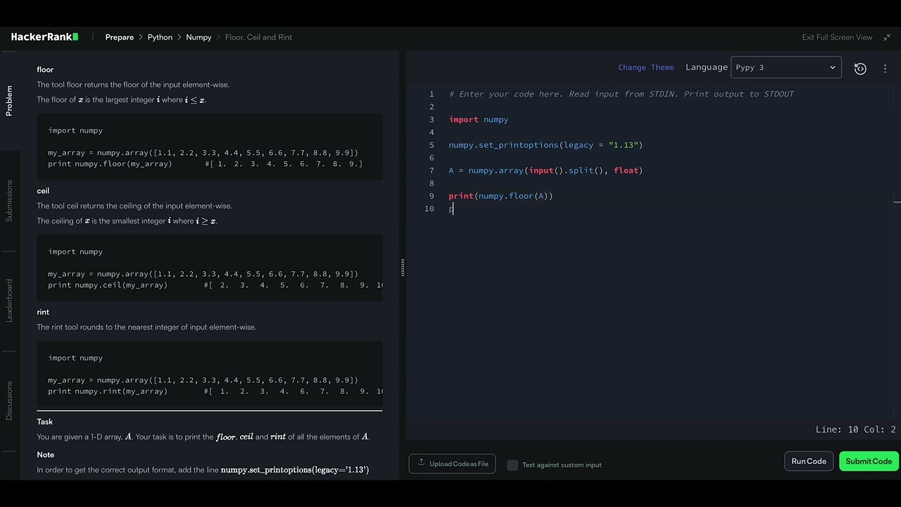 Hackerrank Python Solution  #8 Numpy - Floor, Ceil, and Rint