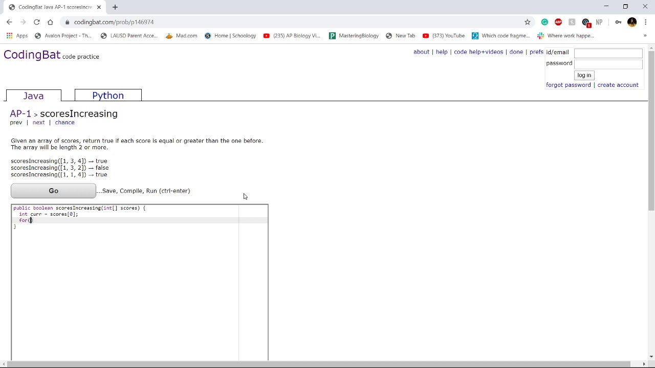 AP-1 (scoresIncreasing) Java Tutorial || Codingbat.com