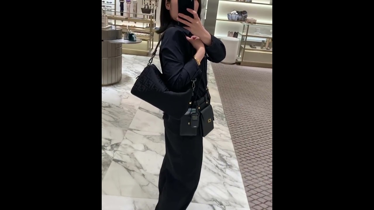 FENDI Square FF Fendi Lui Medium Black Leather and Black FF Nylon Bag 7VA672AVC6F0SAJ