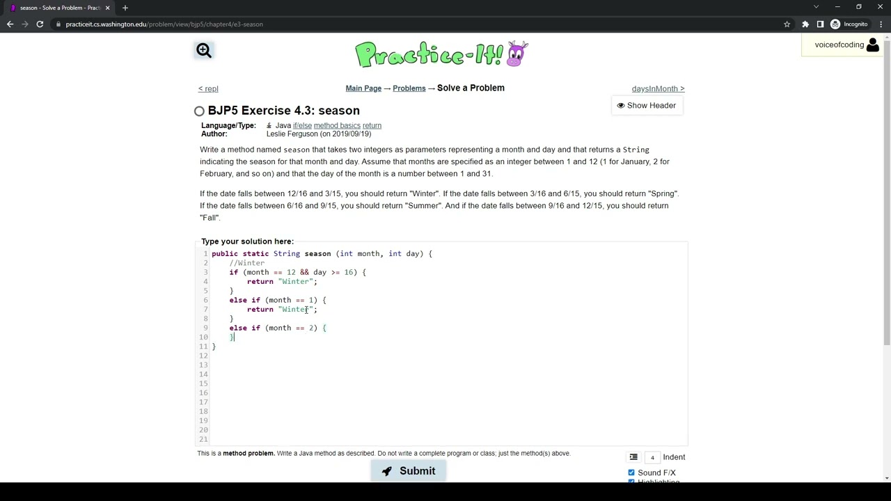 Exercise 4.3 (season) Java Tutorial || Practice-It