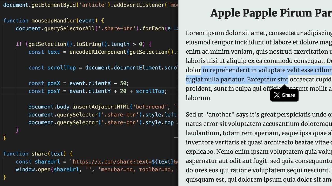 Get selected text and cursor position to show share popup dialog with JavaScript