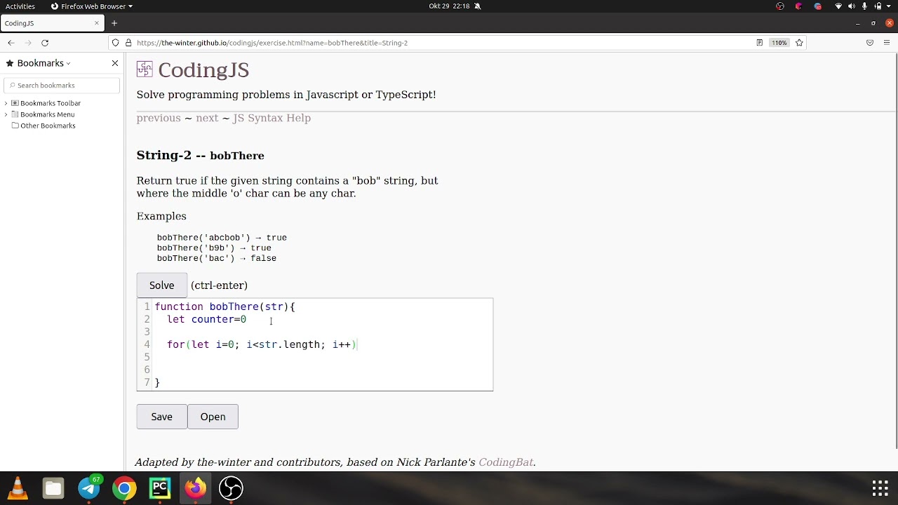 CodingJs (Codingbat) String-2 --bobThere  Javascript solution