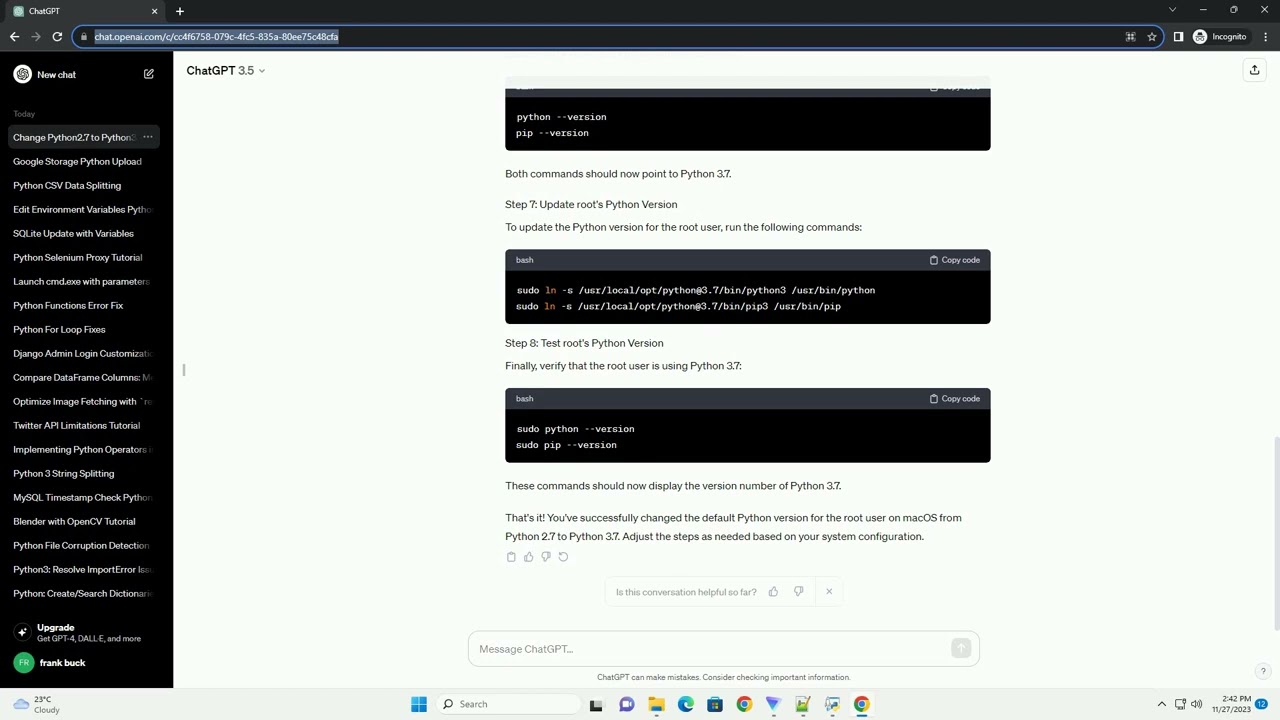 Change python2 7 to python3 7 for root on MAC OS